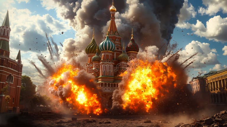 A Large Explosion in Front of a Large Building with a Church in the ...