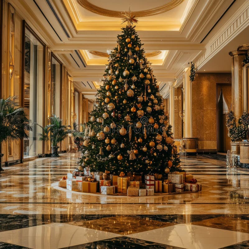 A Large, Ornate Christmas Tree in a Grand Foyer Stock Illustration ...