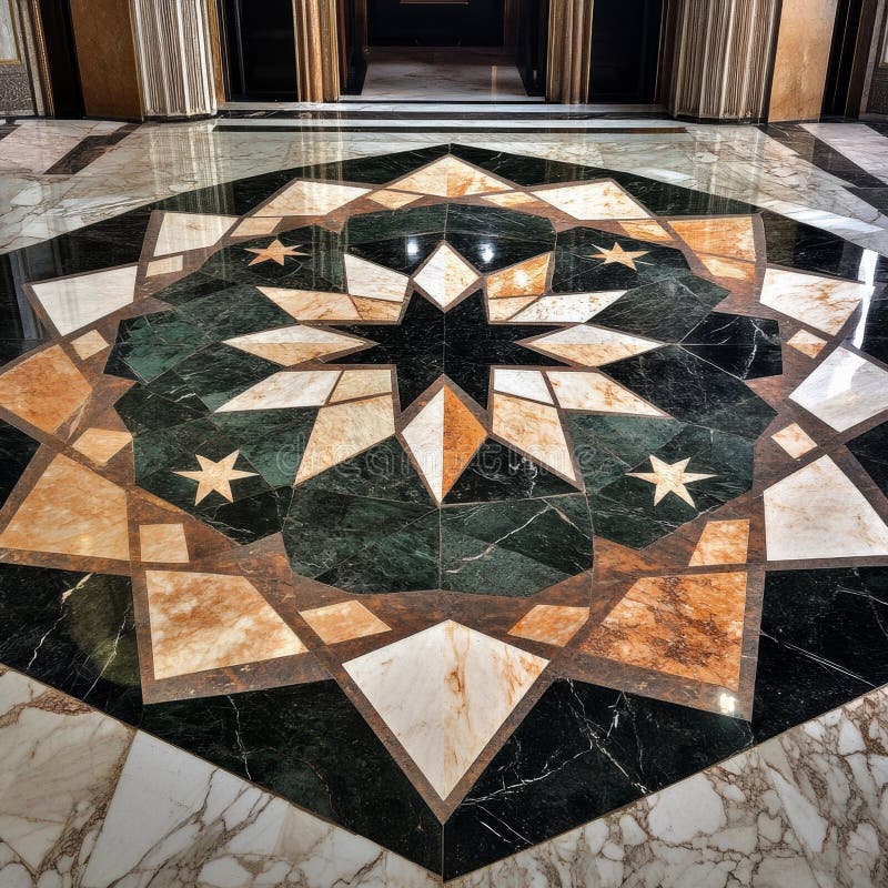 A Large, Ornate Floor with a Star Pattern and a Green and Brown Tile ...