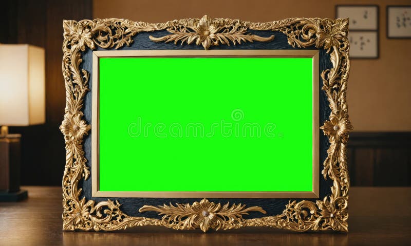A Large, Ornate, Gold Frame Sits on a Wooden Table with a Green Screen ...