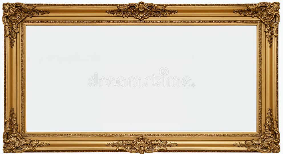 Large Ornate Gold Rectangular Mirror Frame on White Background Stock ...