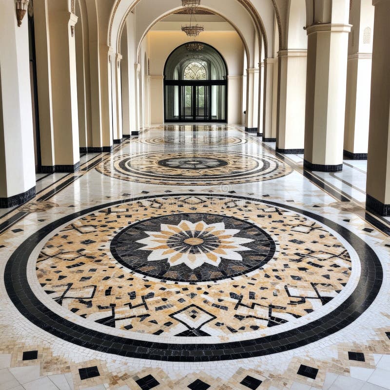 A Large, Ornate Hallway with a Large, Circular Floor Stock Illustration ...