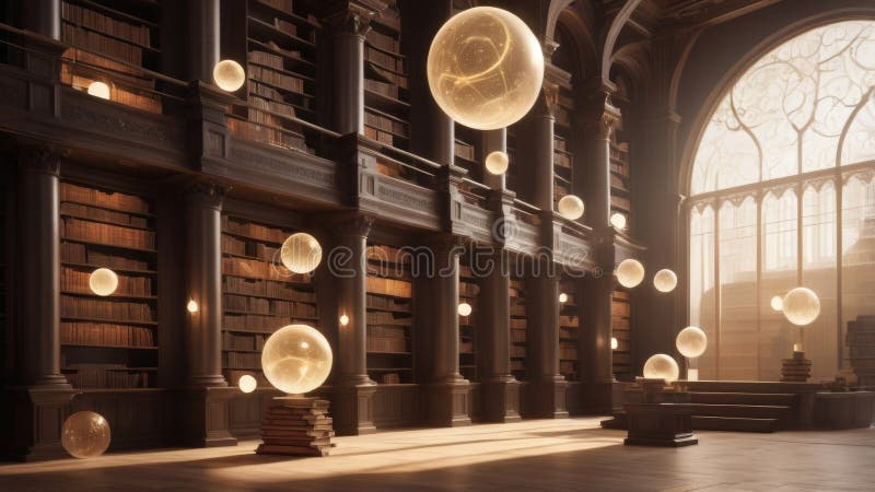 A Large Ornate Library with Bookshelves and Floating Orbs Stock ...