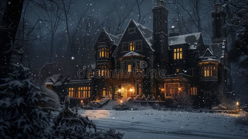Snow-covered Mansion Illuminated at Night Surrounded by Trees in a ...