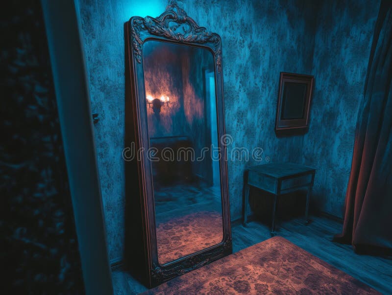 A Large Ornate Mirror Reflecting a Dimly Lit Room with a Blue Wall and ...