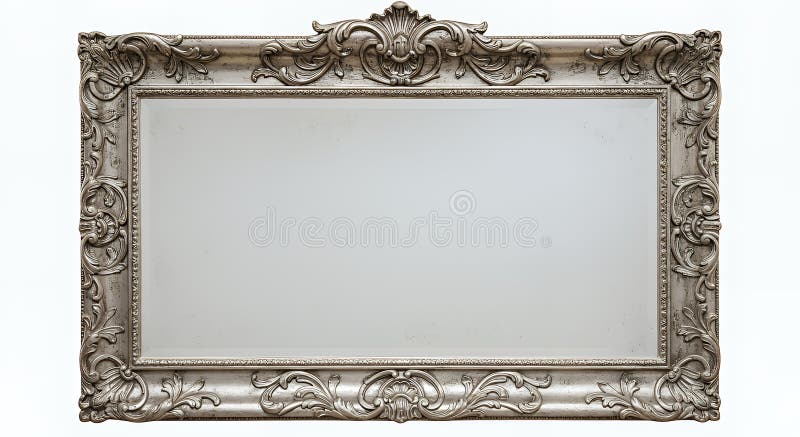 Large Ornate Silver Rectangular Mirror with Intricate Carvings on White ...