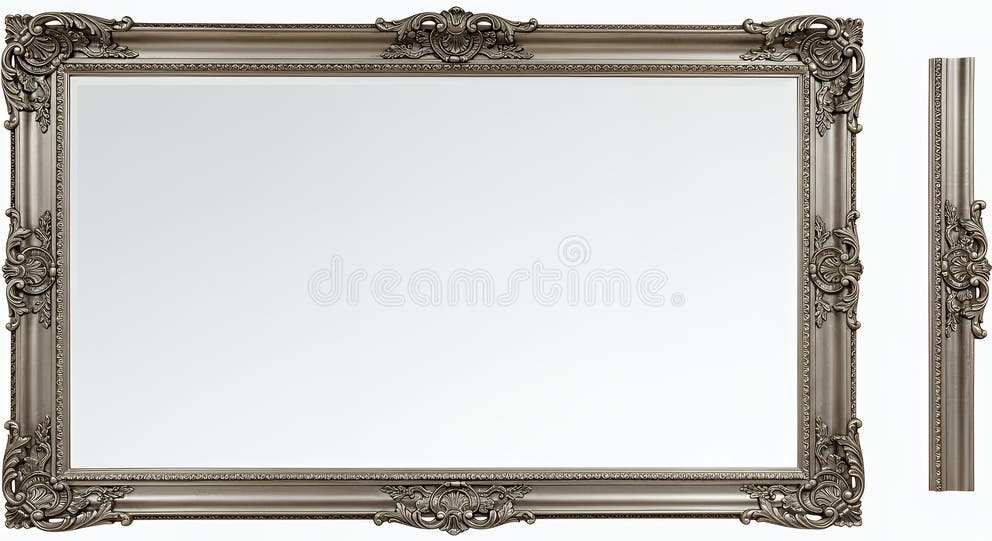 Large Ornate Silver Rectangular Mirror with Intricate Frame on White ...