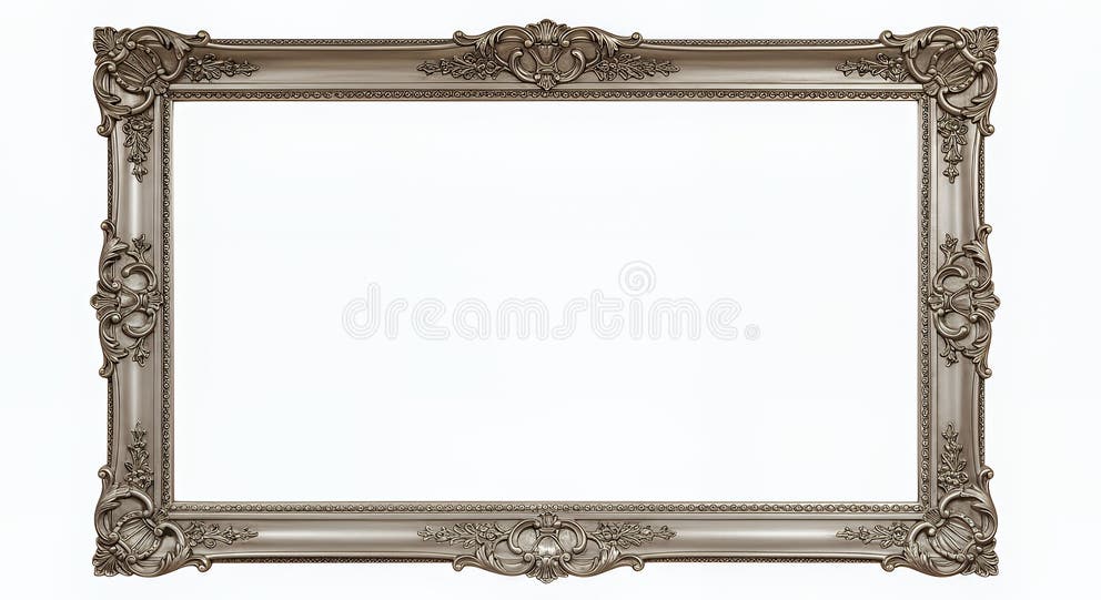 Large Ornate Silver Rectangular Mirror Frame on White Background Stock ...