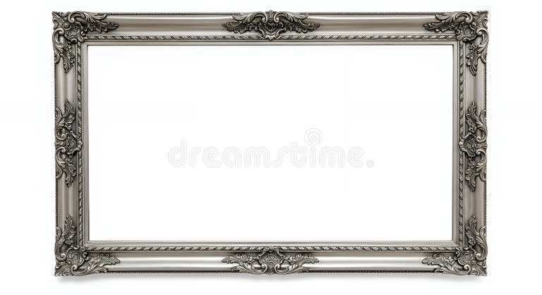Large Ornate Silver Rectangular Mirror Frame on White Background Stock ...