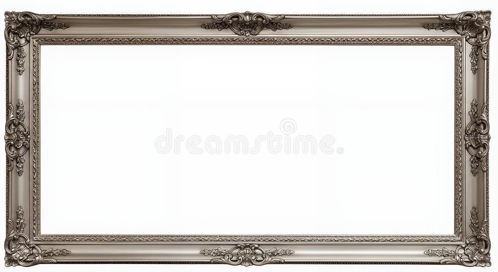 Large Ornate Silver Rectangular Mirror Frame on White Background Stock ...