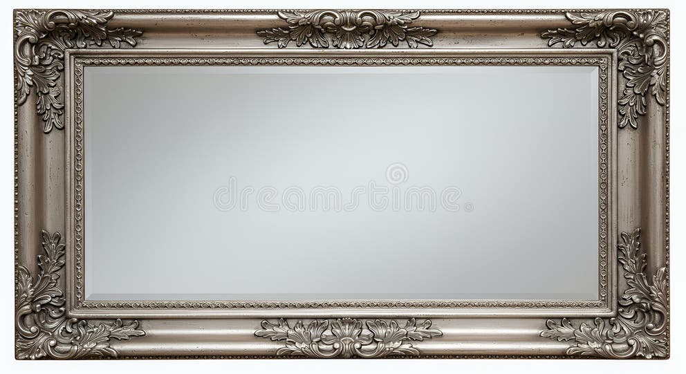 Large Ornate Silver Rectangular Mirror on White Background Stock ...