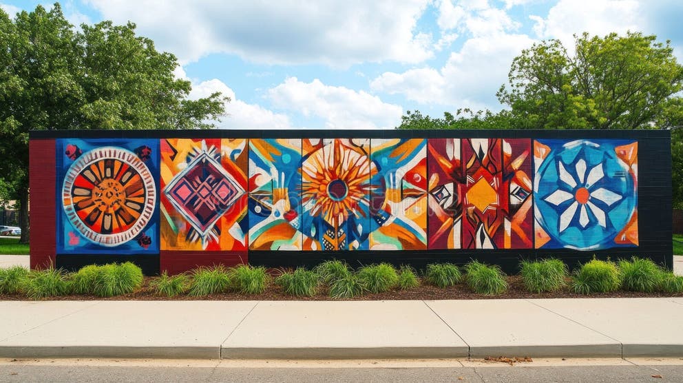 Large Outdoor Mural with Geometric and Ethnic Patterns on a Brick Wall ...