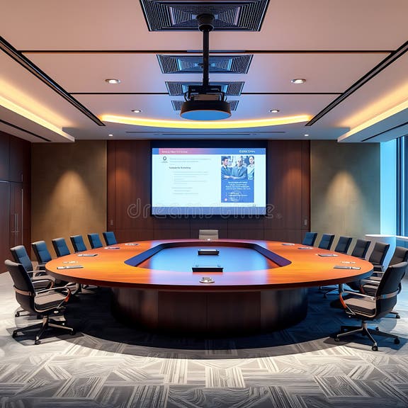 A Large Oval Conference Table with a Projector Screen Displaying a ...