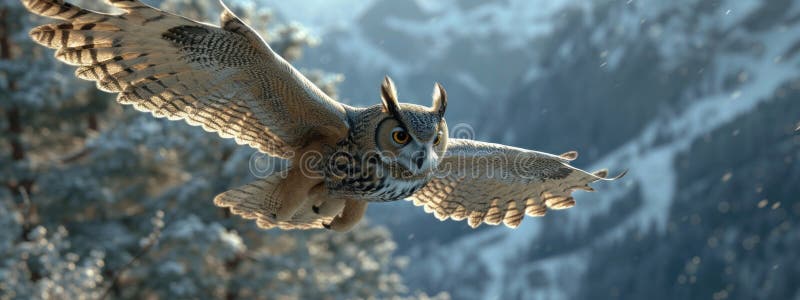 Large Owl in Flight Over the Mountains Stock Image - Image of portrait ...