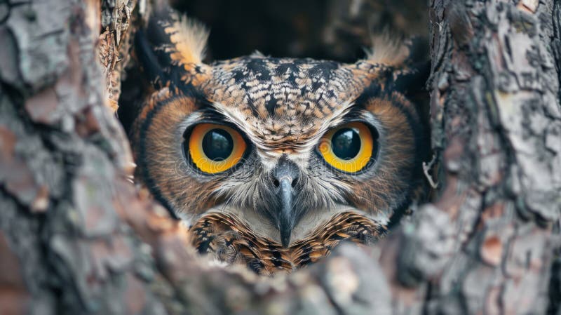 A Large Owl is Looking Out of a Hole in a Tree Stock Image - Image of ...