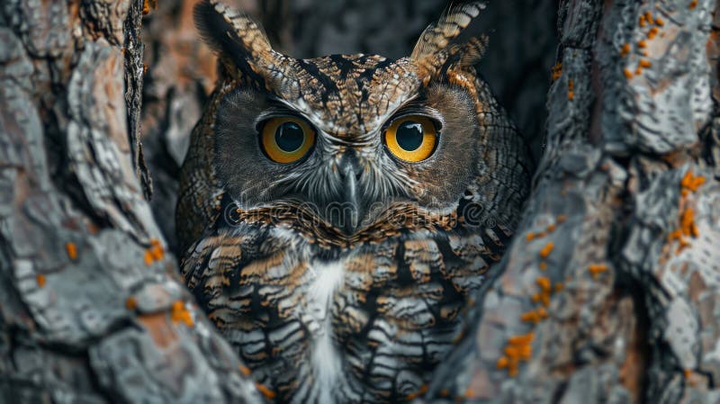 A Large Owl is Peeking Out of a Tree Stock Image - Image of yellow ...