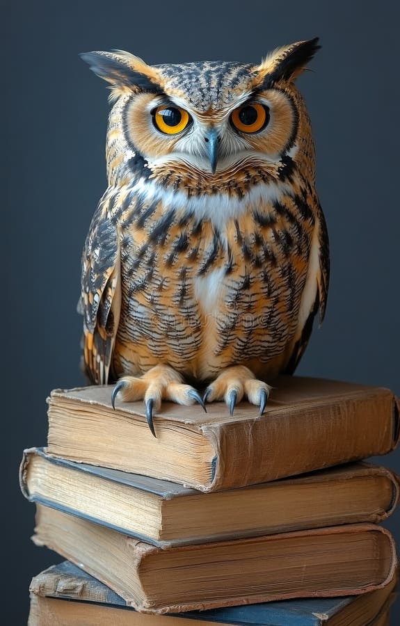 A Large Owl is Perched on Top of a Stack of Books Stock Image - Image ...
