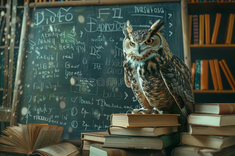 A Large Owl is Sitting on Top of a Stack of Books in Front of a ...