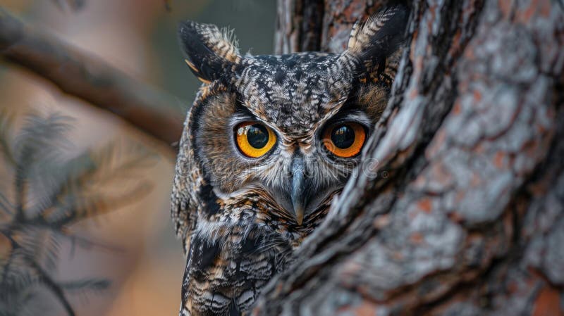 A Large Owl with Yellow Eyes is Peeking Out from Behind a Tree Trunk ...