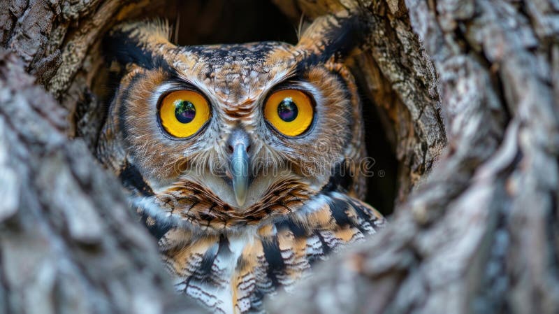A Large Owl with Yellow Eyes is Peeking Out from Behind a Tree Trunk ...