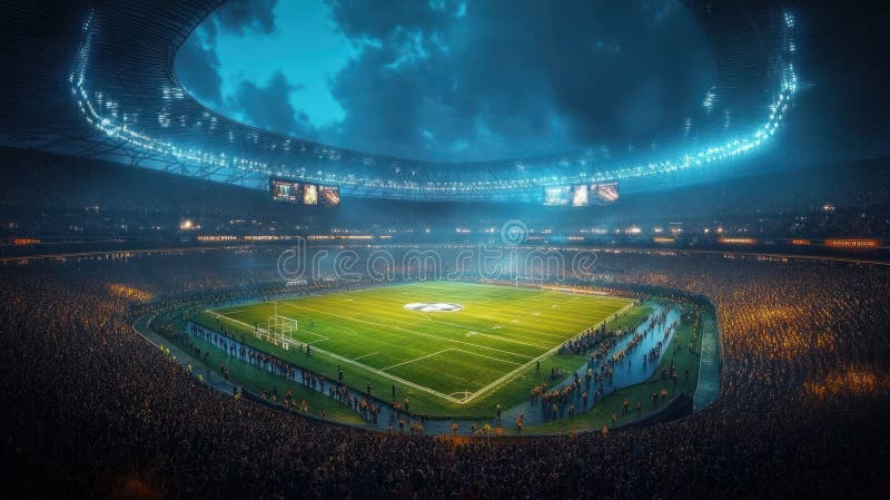 A Large, Packed Stadium with a Lit Up Field at Night, Ready for a Major ...