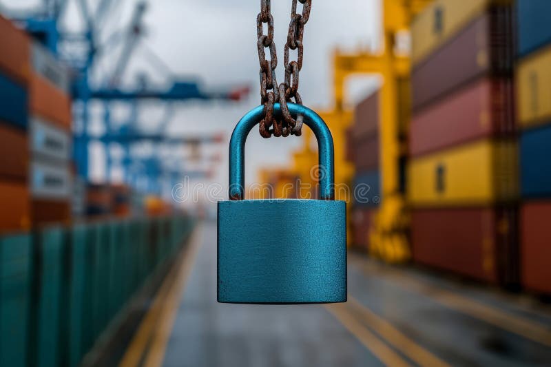 Large Padlock Hanging in Front of Shipping Containers at Industrial ...