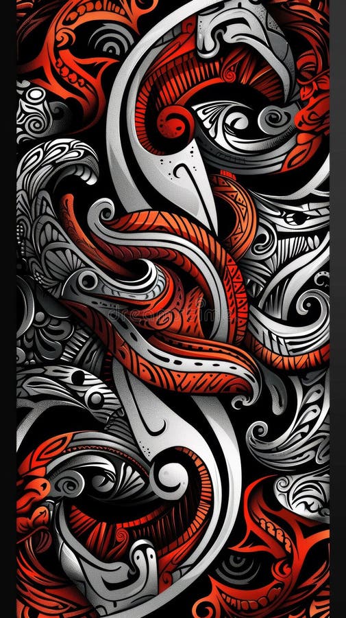 A Large Painting of a Stylized Design with Red and White Swirls, AI ...