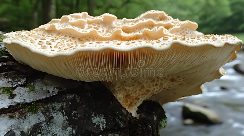 Large Pale Fungus Growing on Log by Stream Stock Illustration ...
