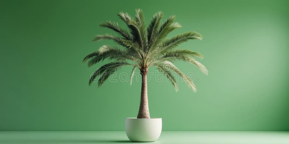 A Large Palm Tree is Standing in a Pot on a Green Background Stock ...
