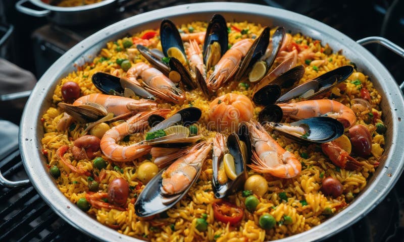 A Large Pan Filled with Seafood and Rice Stock Photo - Image of ...
