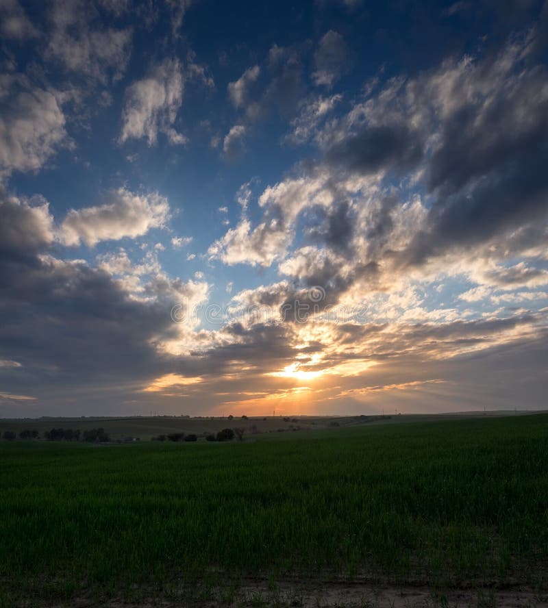 Large Panoramic View of Amazing Beautiful Sunset on Infinity Green ...