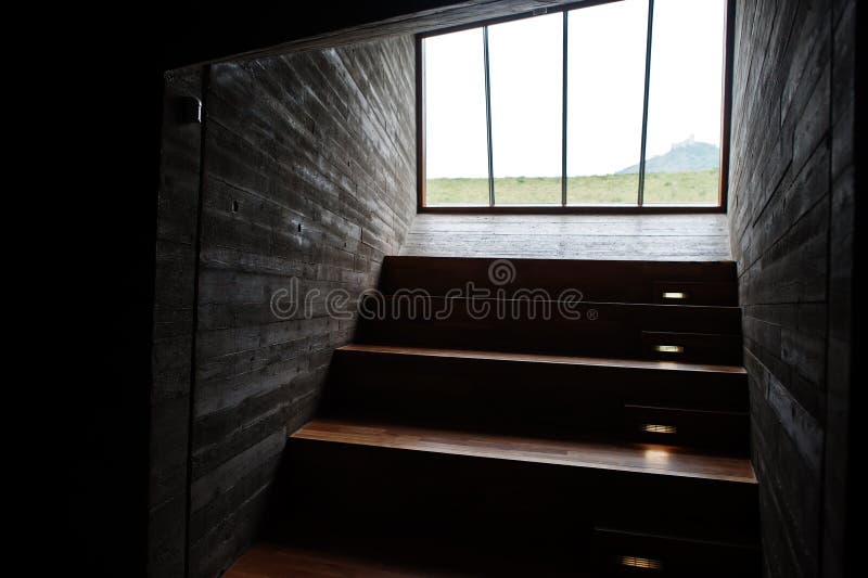 Large Panoramic Windows with Stairs at Cube Room Stock Image - Image of ...