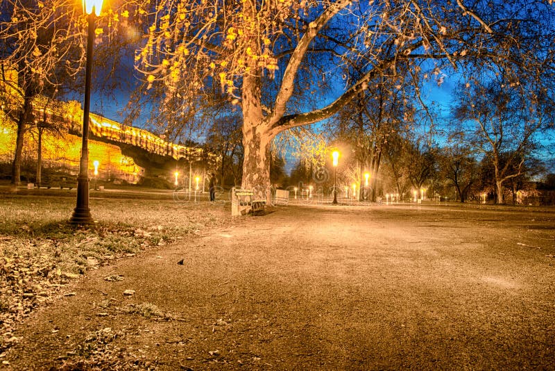 Large Park Near the Old Fort at Night Stock Photo - Image of lights ...