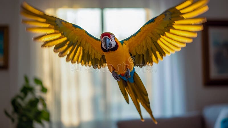 A Large Parrot Flies Around the Room with Its Wings Spread. Stock ...