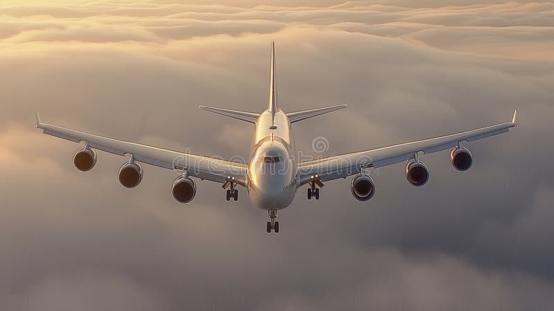 Large Passenger Airplane Flying Above Cloud Layer at Sunset Stock ...