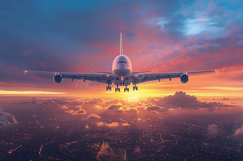 A Large Passenger Airplane Flying in the Sky at Sunset with Copy Space ...
