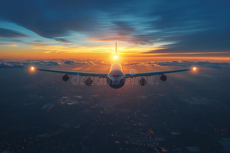 A Large Passenger Airplane Flying in the Sky at Sunset with Copy Space ...