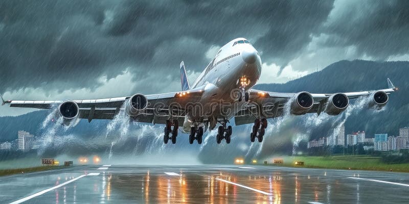 Large Passenger Airplane Taking Off from Wet Runway during Heavy Rain ...