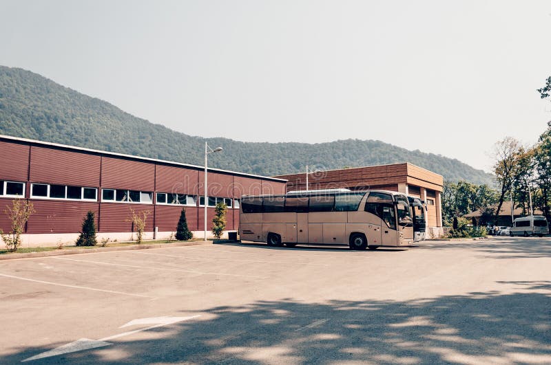 Large Passenger Buses Stand in Parking Lot of Bus Station Stock Photo ...