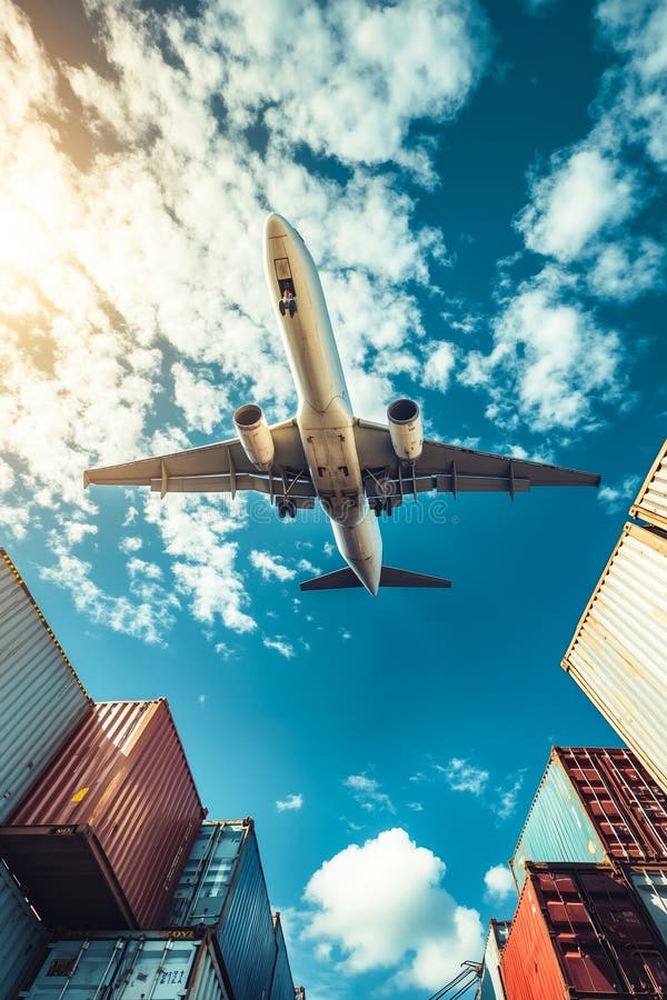 A Large Passenger Jet Flying Over a Large Stack of Shipping Containers ...