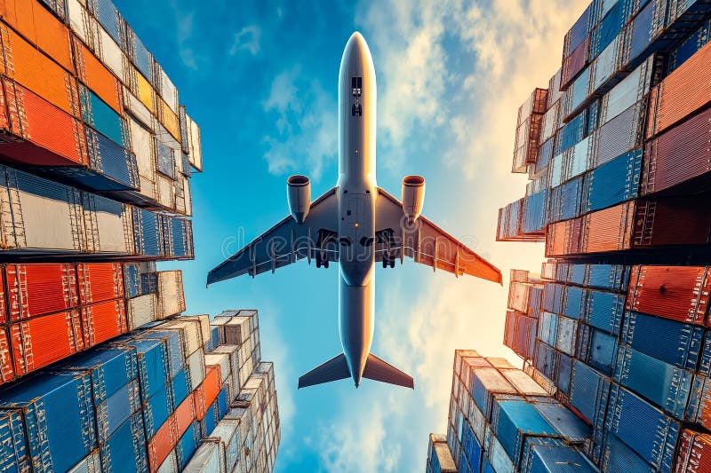 A Large Passenger Jet Flying Over a Large Stack of Shipping Containers ...