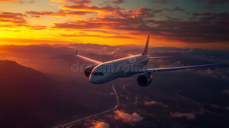 A Large Passenger Jet Flying through the Sky at Sunset Stock Photo ...