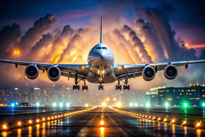 Large Passenger Jet Taking Off at Night, Viewed from the Front with ...