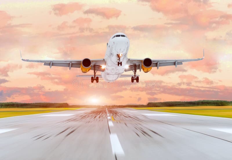 Large Passenger Plane Take Off from the Runway before the Light from ...
