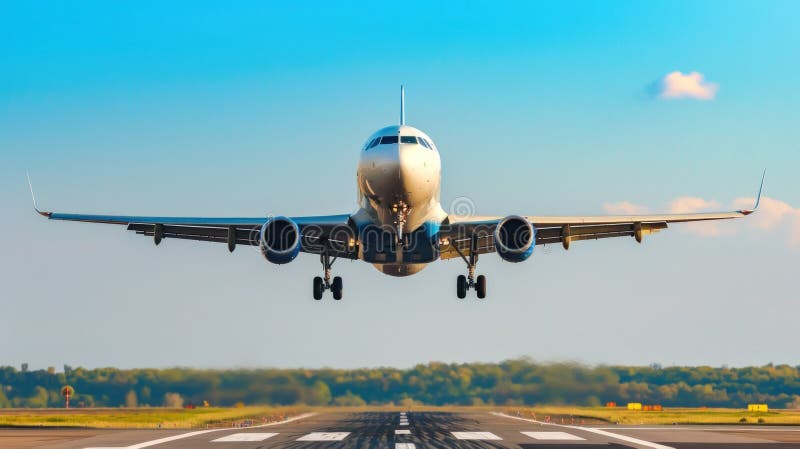 A Large Passenger Plane Takes Off from the Runway. Front View Stock ...