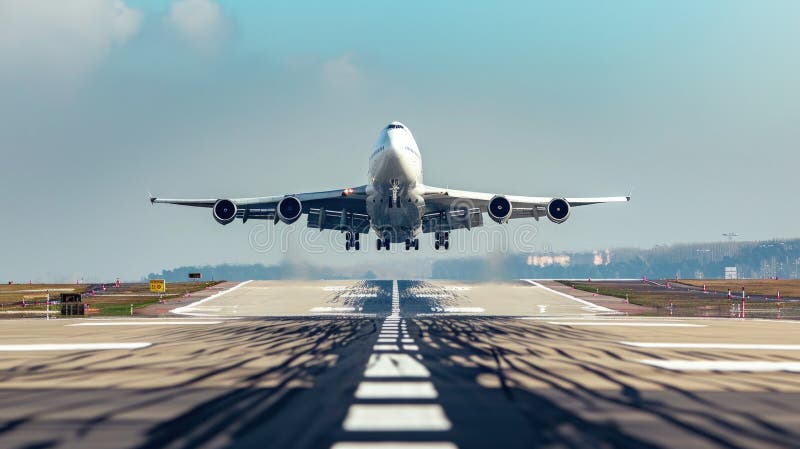 A Large Passenger Plane Takes Off from the Runway. Front View Stock ...