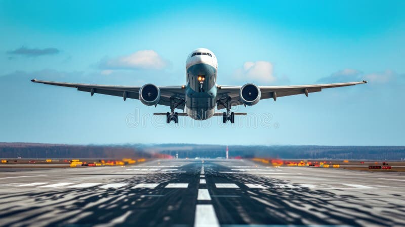 A Large Passenger Plane Takes Off from the Runway. Front View Stock ...