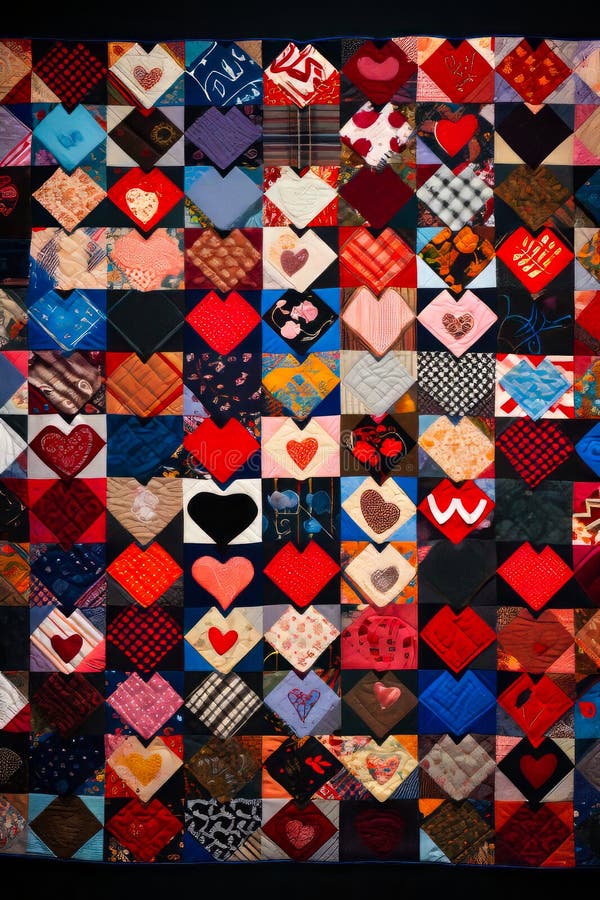 Large Patchwork Quilt with Many Different Hearts on it. Generative AI Stock Illustration ...