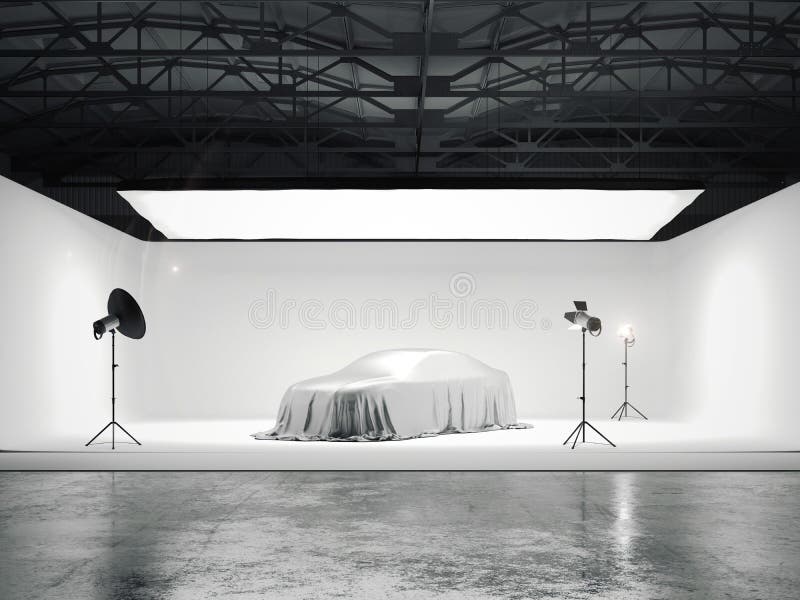 Large Photographic Studio with a Car and Several Light Sources. 3d ...