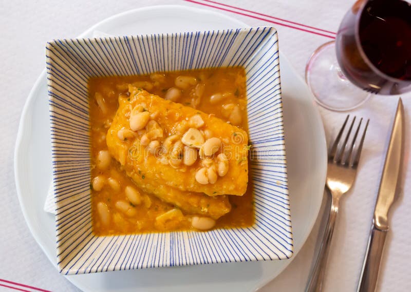 Large Piece of Lean Cod Fillet Stewed in Bean Gravy Stock Photo - Image ...